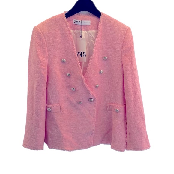 Zara | Jackets & Coats | Zara Pink Collarless Textured Double Breasted ...